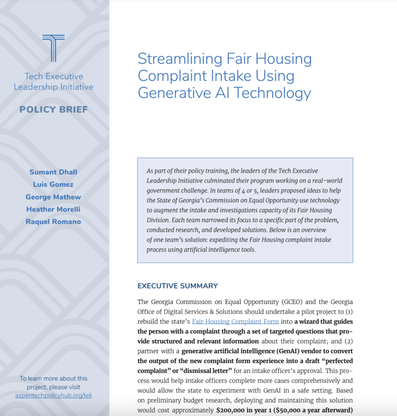 Streamlining Fair Housing Complaint Intake Using Generative AI Technology - Aspen Tech Policy Hub